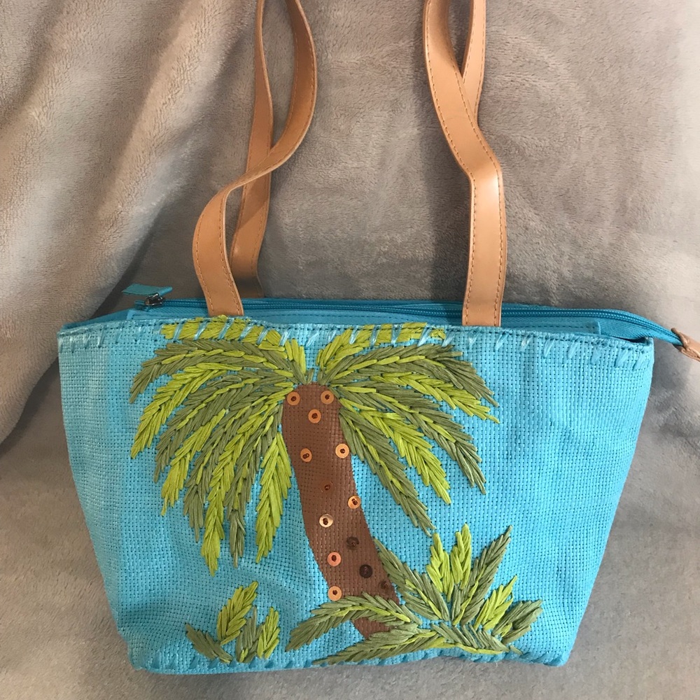 Tropical Palm Tree Straw Tote Purse - Gem